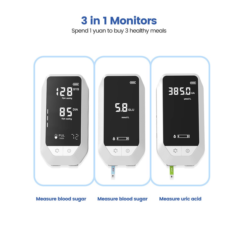 3-in-1 Blood Pressure Glucose Uric Acid Monitor Meter & Large LCD ...
