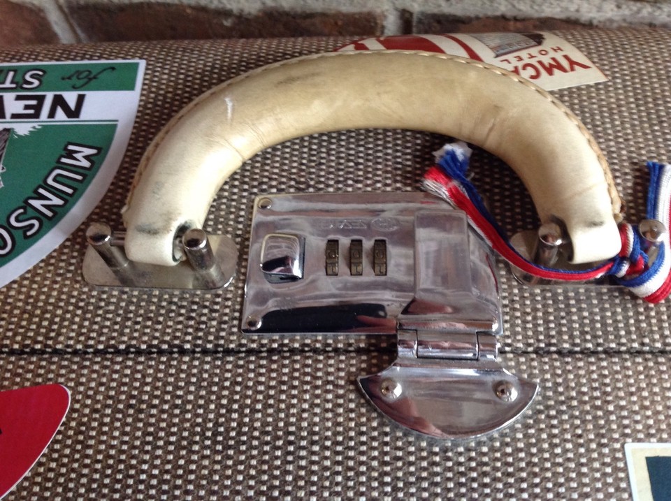 VINTAGE 1950's LEATHER & TWEED FIBRE CLASSIC CAR RACK TRUNK SUITCASE ...