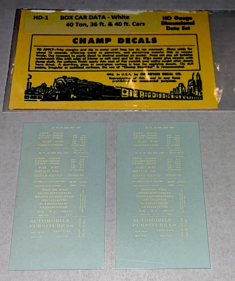 CHAMP HO DECAL-BOX CAR DIMENSIONAL DATA 40-Ton, 36’ & 40’ - WHITE LETT ...
