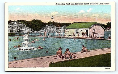 BUCKEYE LAKE. OH Ohio ~ SWIMMING POOL & ROLLER COASTER c1930s Curteich ...