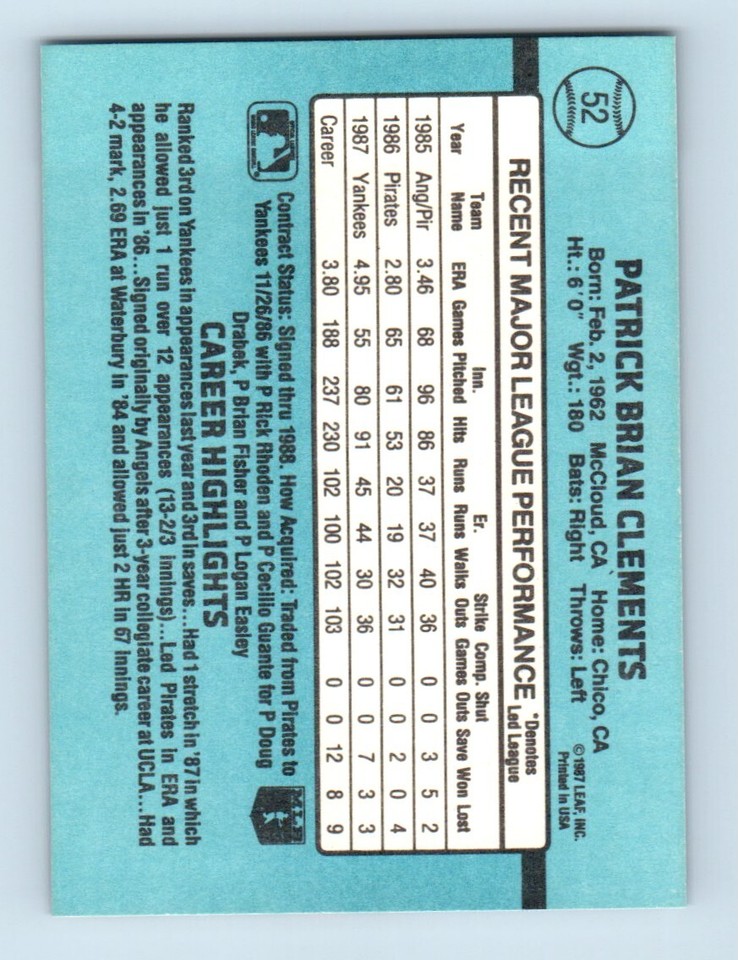 1988 Donruss Pat Clements New York Yankees #52 | eBay