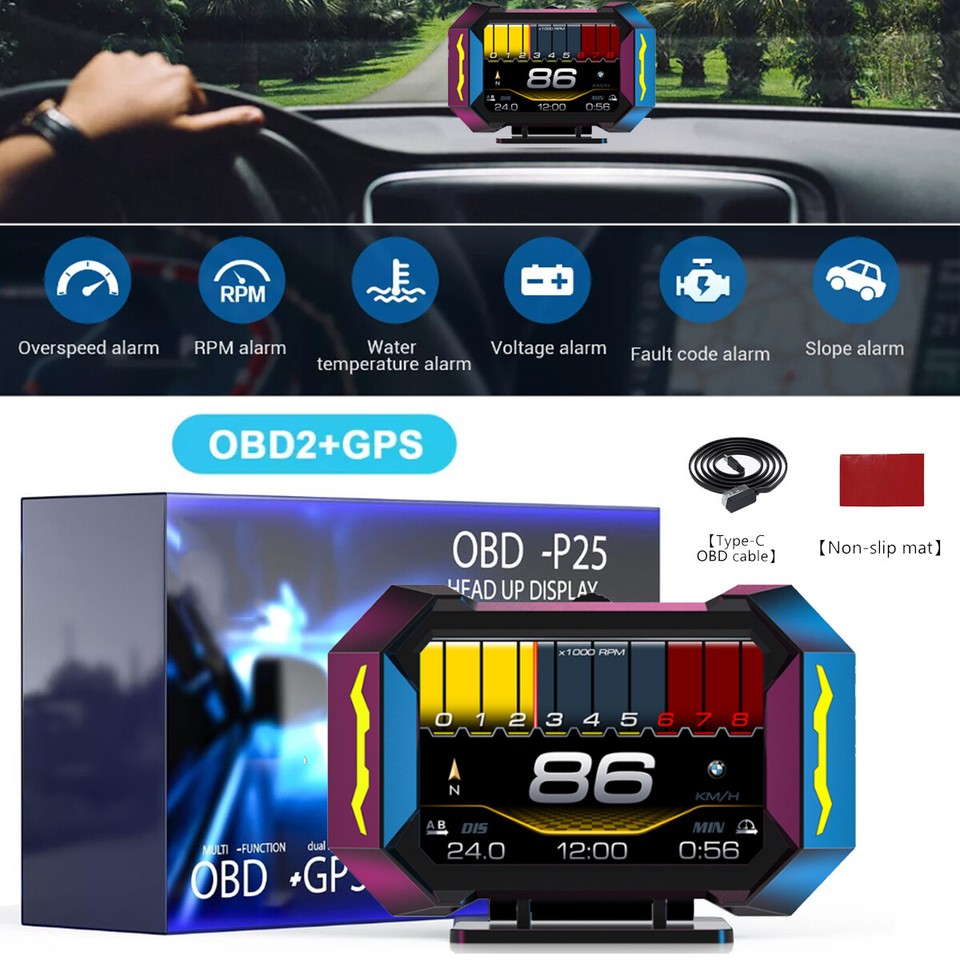 OBD2+GPS HUD Gauge Car Digital Head Up Display Speedometer Turbo RPM ...