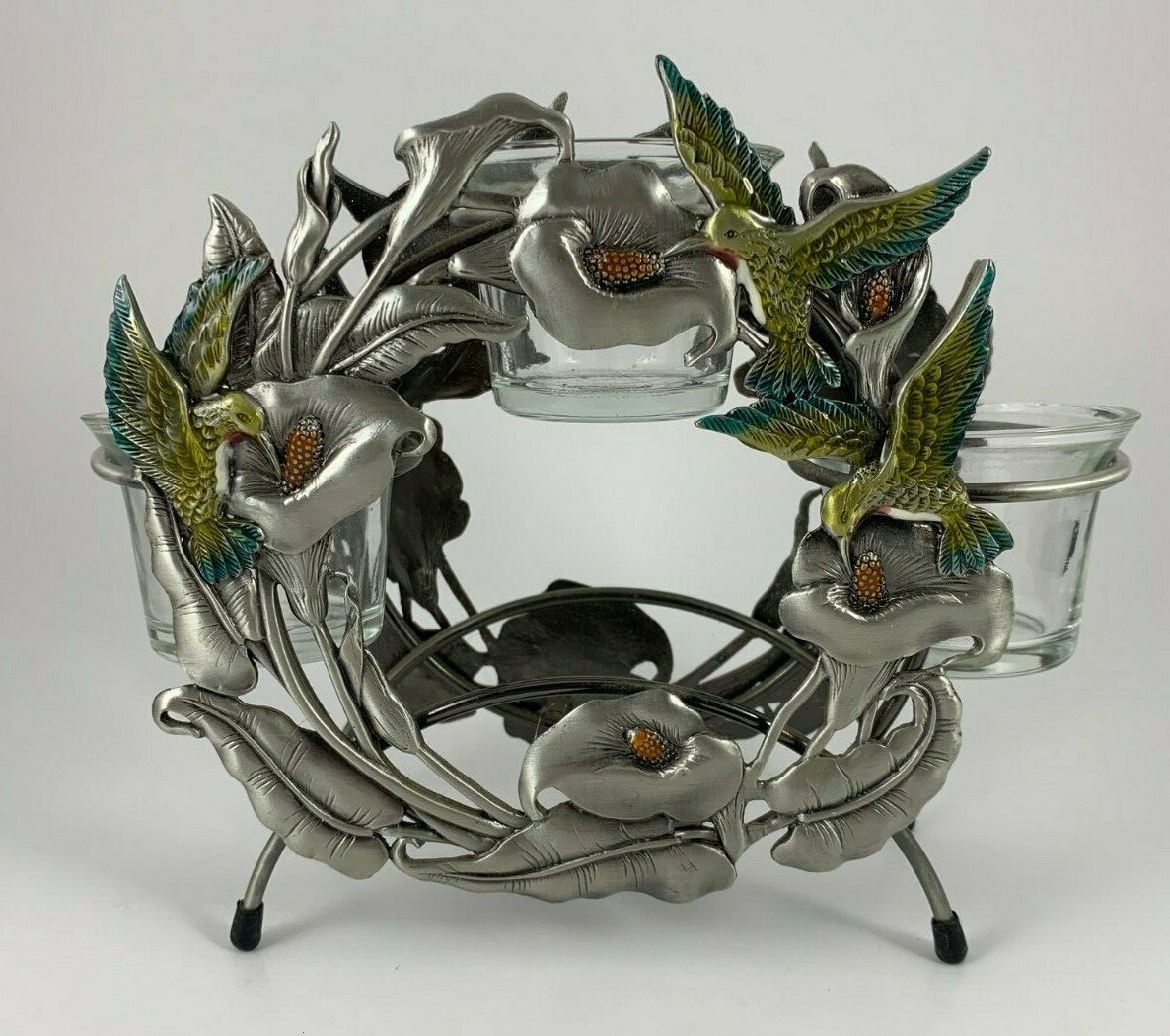 Spoontiques Pewter Hummingbird Floral 3 Section Tealight Candle Holder ...