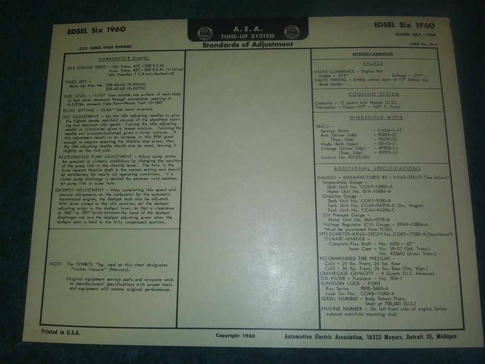 1960 EDSEL 223 I-6 ENGINE A.E.A. TUNE-UP CHART / USEFUL INFORMATION | eBay