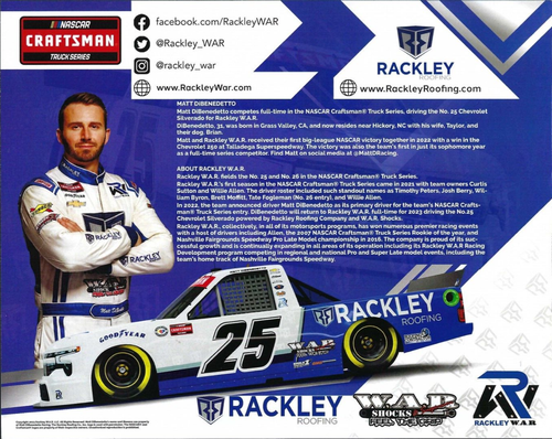 2023 MATT DIBENEDETTO “RACKLEY W.A.R" #25 NASCAR CRAFTSMAN TRUCK SERIES ...