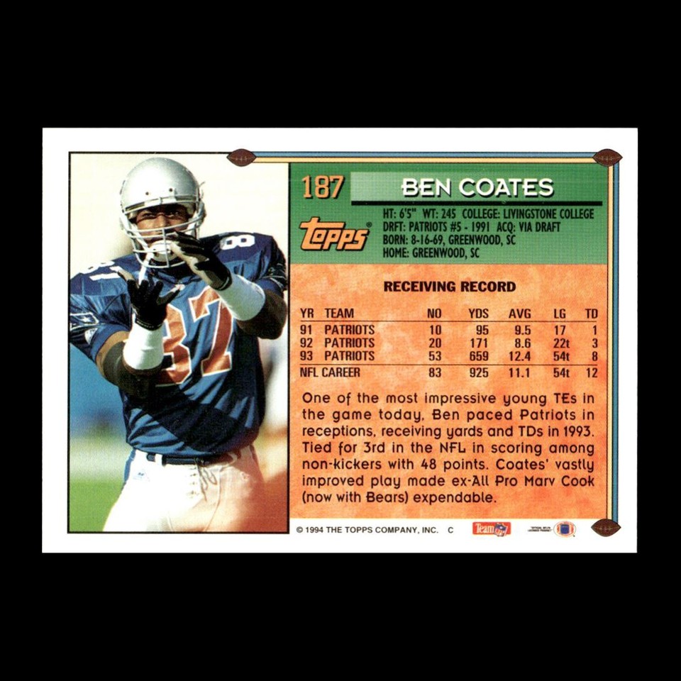 Ben Coates 1994 Topps New England Patriots #187 R327H 56 | eBay