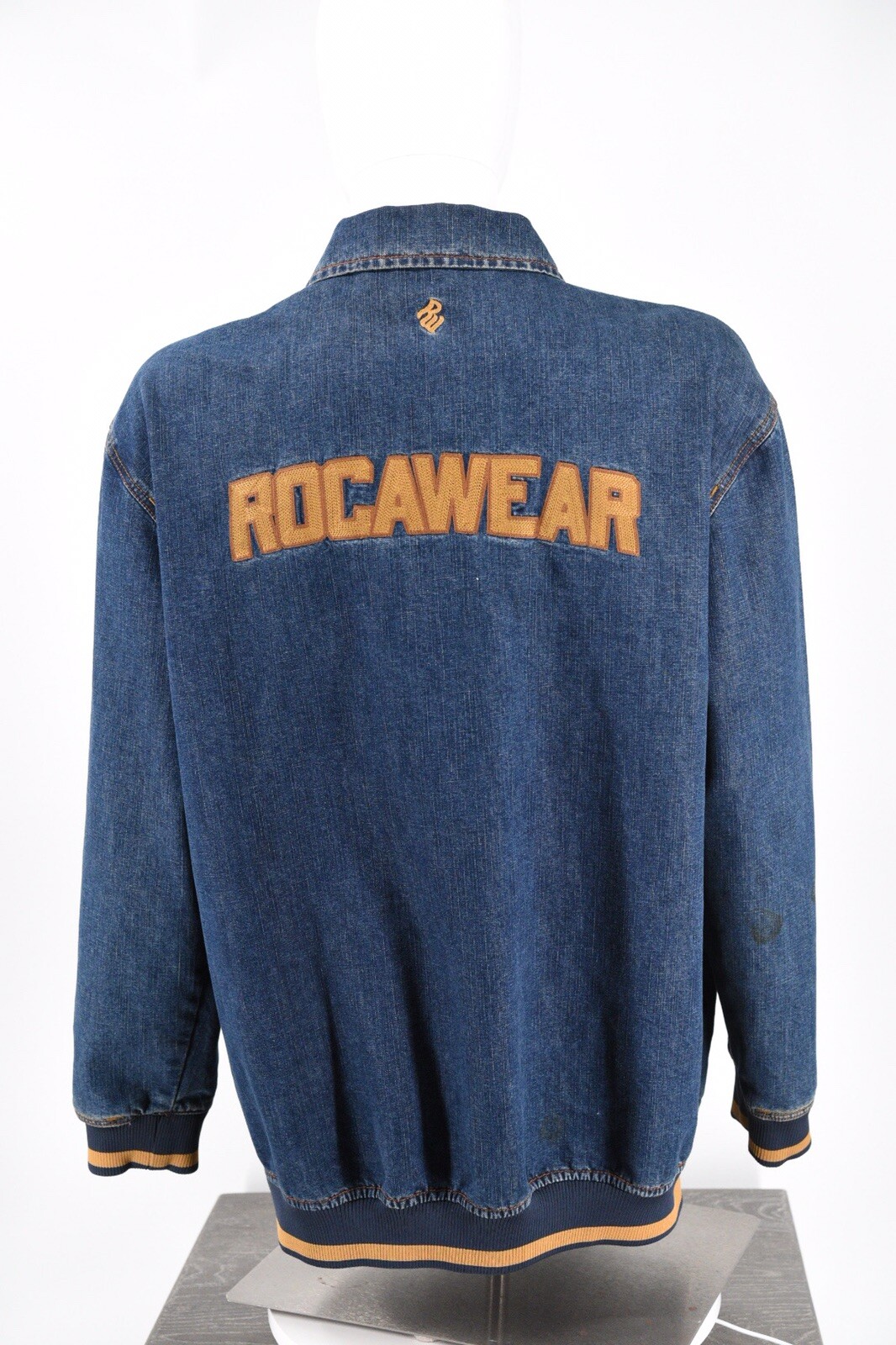RocaWear Blue Denim Jean Varsity Jacket Appliqué Spe… - Gem