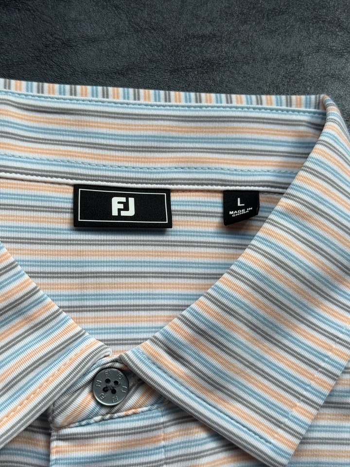NWT MEN'S FOOTJOY POLO, SIZE: L, COLOR: WHITE/ORANGE/BLUE STRIPED (M8.7 ...