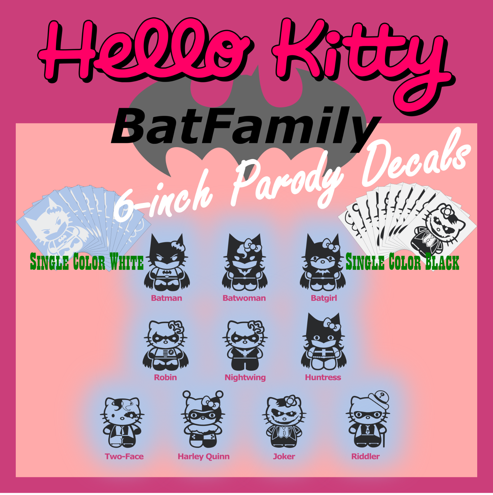Hello Kitty DC Bat Family 6-inch Parody Vinyl Decals, Black or White | eBay