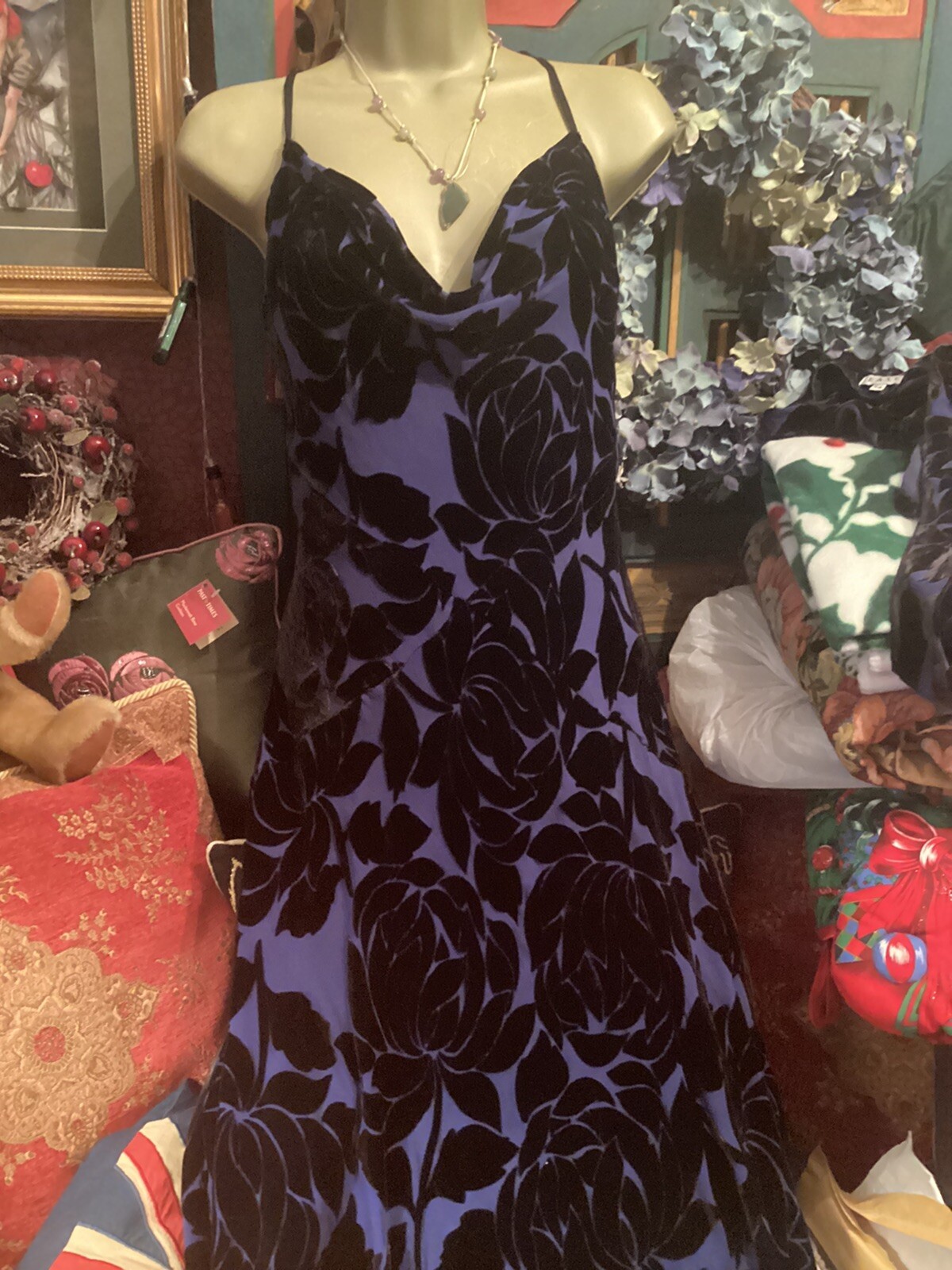 OPULENT EAST BLUE DEVORE, SILK/VELVET MAXI, 14 WITH S… - Gem