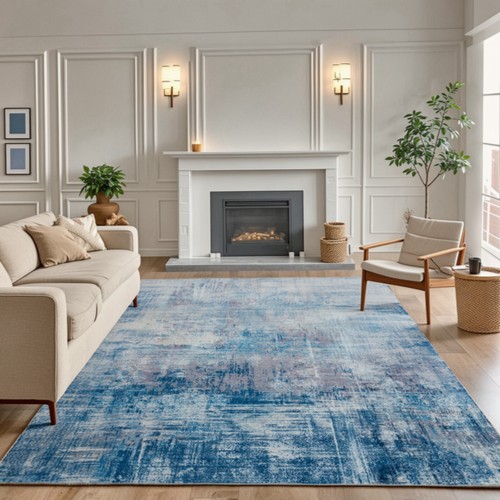 Blue Abstract Rug Anchors Modern Living Room Warmth & Style | eBay
