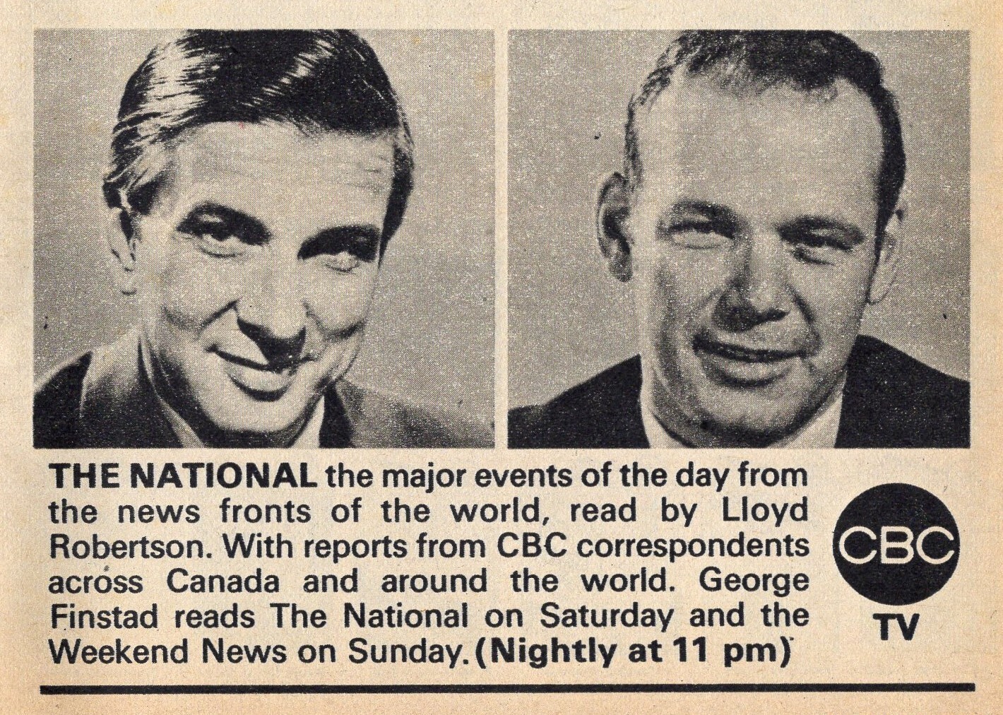 1970 CBC CANADA TV NEWS AD ~ LLOYD ROBERTSON & GEORGE FINSTAD REPORTERS ...