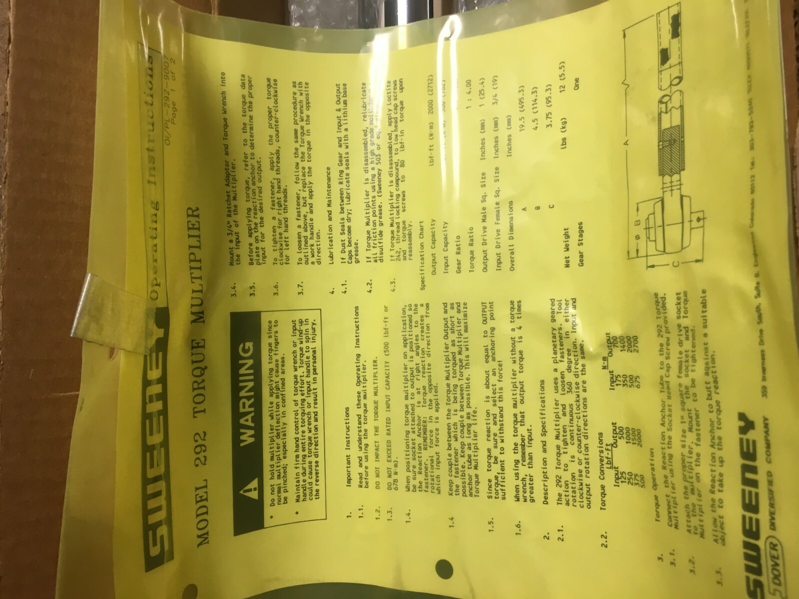 Sweeney Hydratight 1" Model 292 Torque Multiplier 3.5 to 1 Max 2000 FT ...