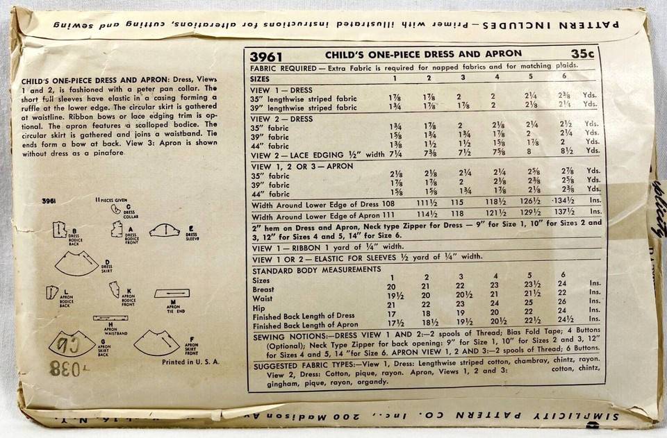 1952 Simplicity Sewing Pattern 3961 Girls 1-Pc Dress & Apron Size 6 ...