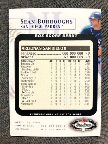 2002 Fleer Box Score Sean Burroughs Box Score Debut Relic Insert Card ...
