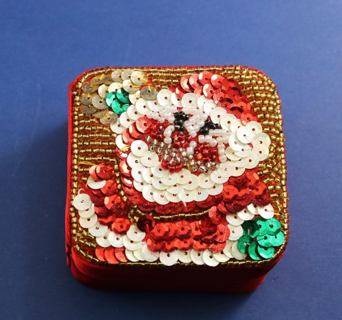 Vintage Red Satin Beaded Sequined Christmas Gift Box with Santa Claus ...