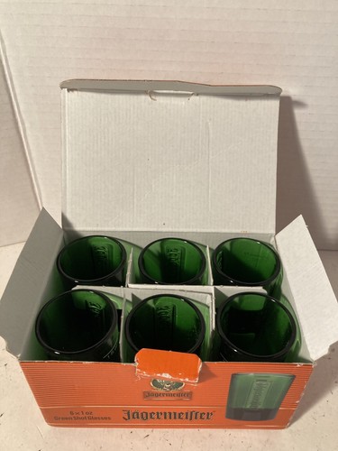Set of 6 Jagermeister Emerald Green Glass Shot Glasses with Embossed ...