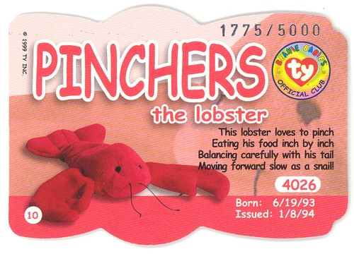 TY Beanie Babies BBOC Card - Series 3 Retired (SILVER) PINCHERS Lobster ...