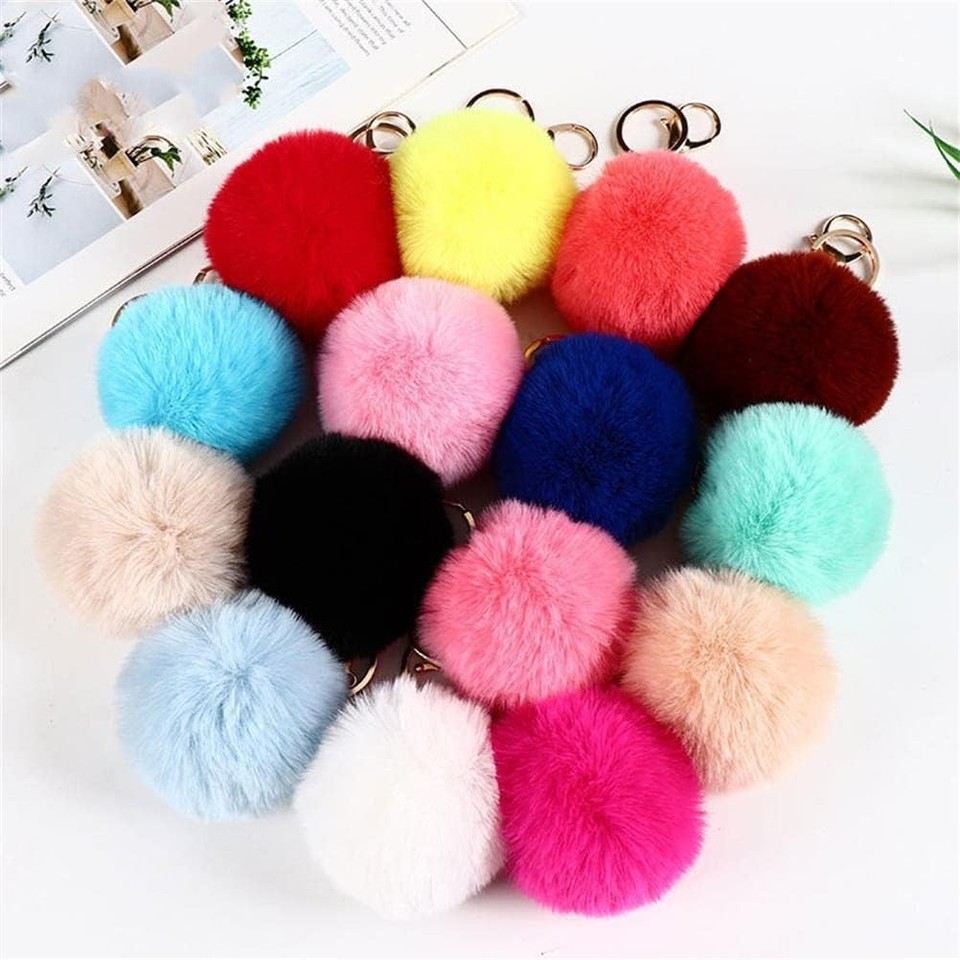 Pom Keychains Colorful Faux Rabbit Fur Ball Keychain Car White&black | eBay