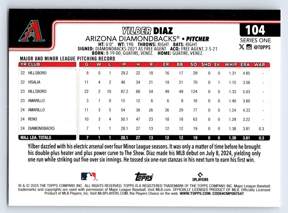 Yilber Diaz 2025 Topps RC Rookie #104 Arizona Diamondbacks Baseball ...