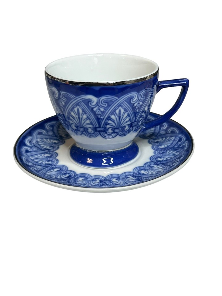Bombay Company Arabesque Tile Cobalt Blue White Platinum Trim Tea Cup ...