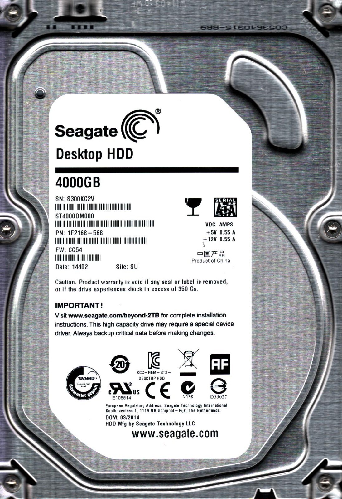 ST4000DM000 P/N: 1F2168-568 F/W: CC54 S/N: S300 SU 4TB MAR 2014 CHINA ...