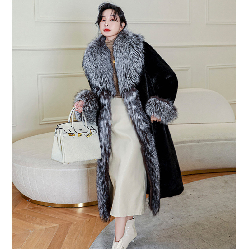 Mink Coat Mink Fur Long Coat Fox Fur Large Collar Warm Windbreaker ...