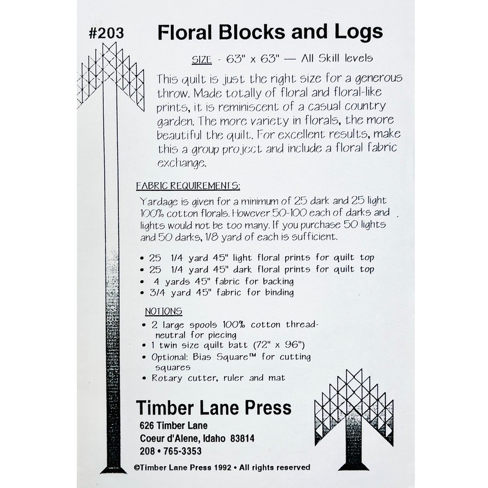 Floral Blocks and Logs Quilt PATTERN #203 by Timber Lane Press, Vintage ...