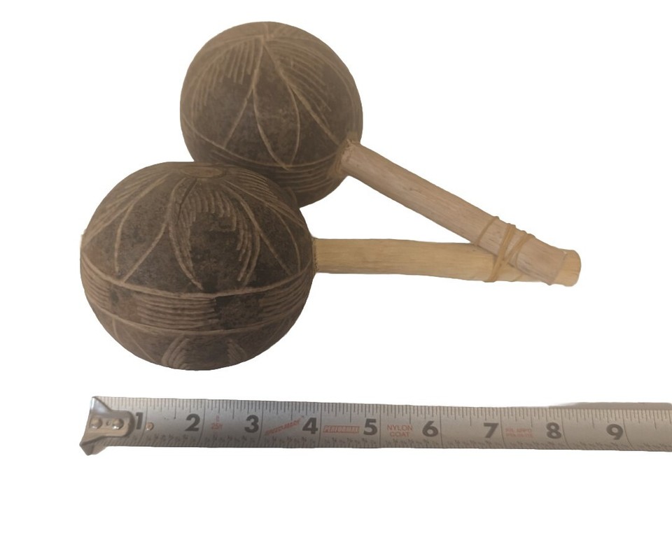 Maracas Handmade Coconut Shell Wood Carved Floral Design Dominican ...