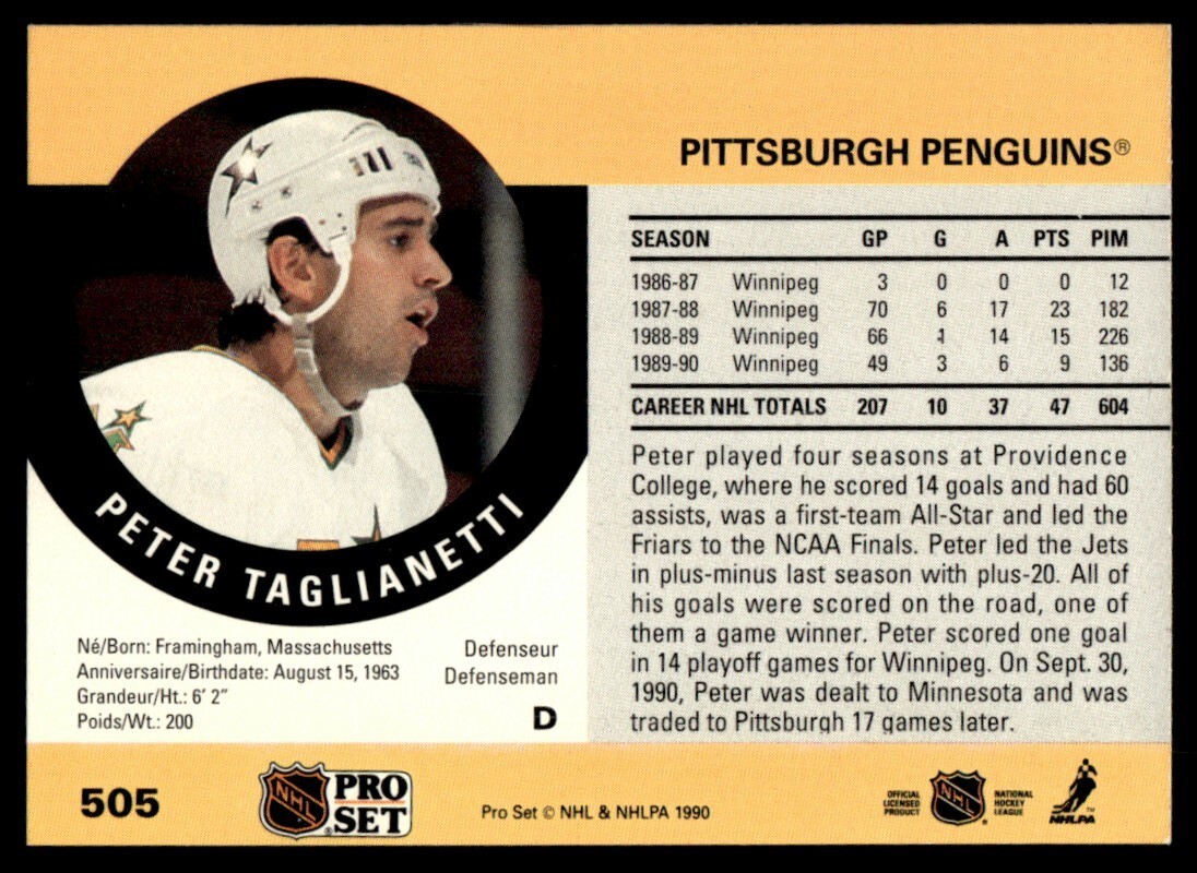 1990-91 Pro Set #505 Peter Taglianetti Pittsburgh Penguins | eBay