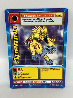 1st Edition DIGIMON CARD 1999 BANDAI - Apemon - Champion Level - St-43 ...