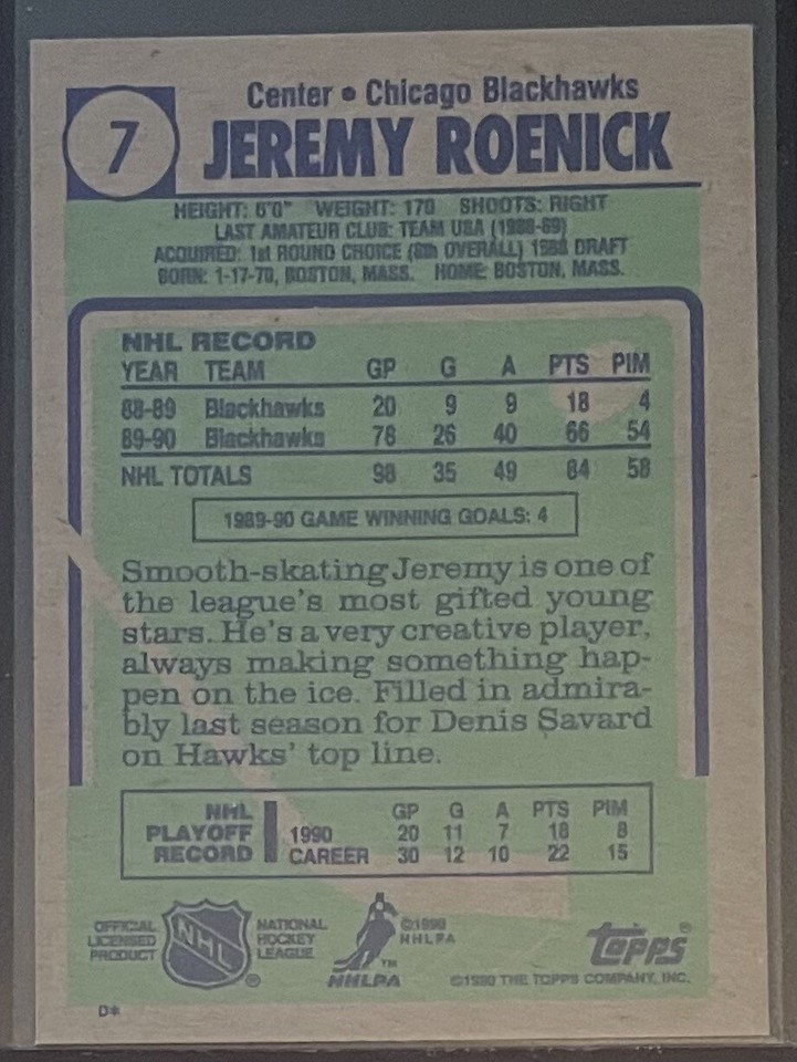 1990-91 TOPPS Jeremy Roenick Rookie RC # 7 Chicago Blackhawks HOF | eBay