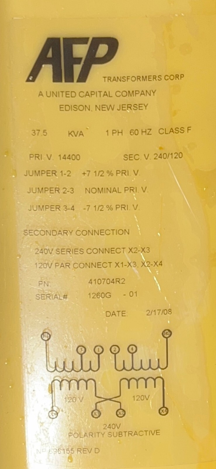 AFP Control Power Transformer 37.5 kva Pri. 13800 v Sec. 120/240 1 ...