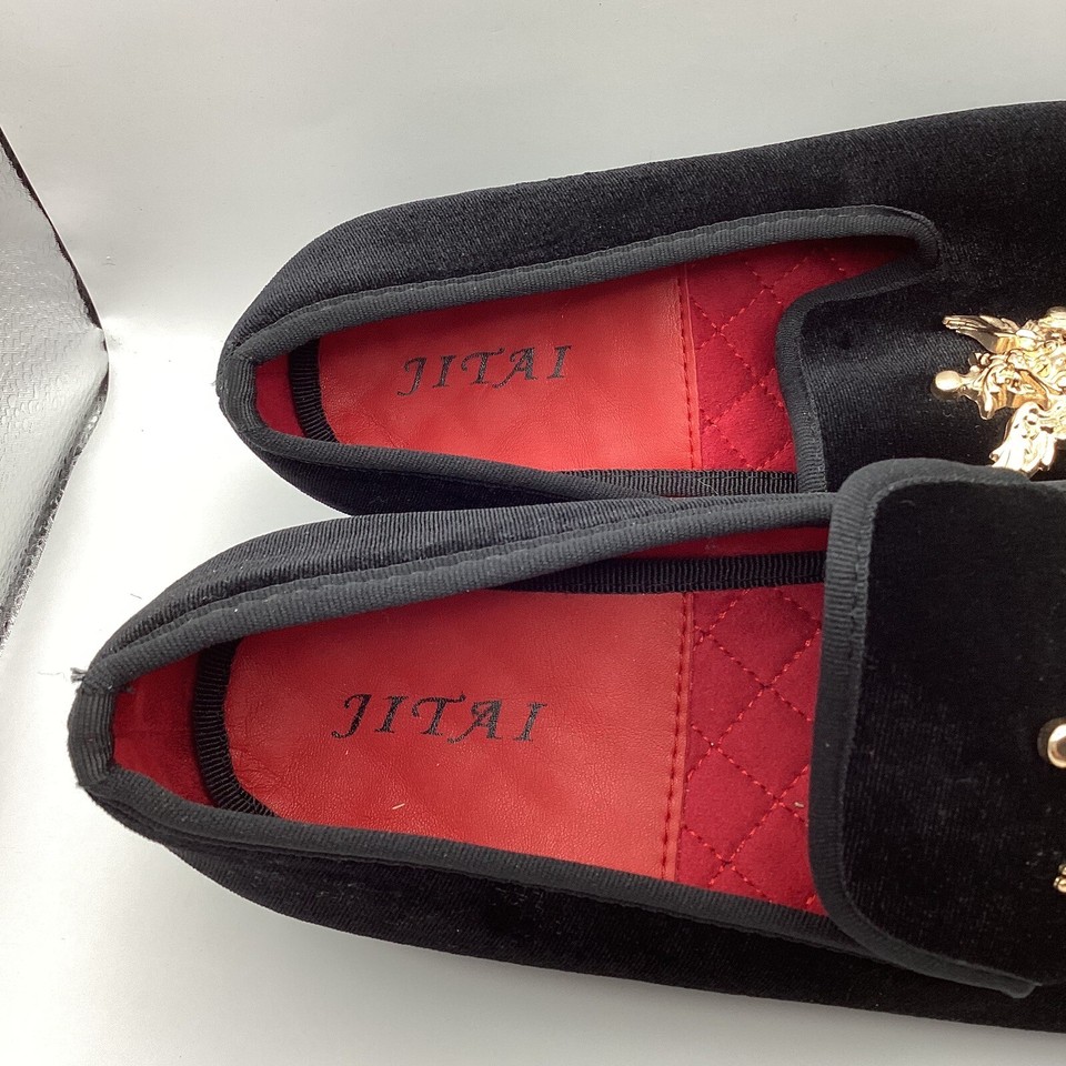 JITAI Black Velvet Shoes Men's 11 Slip-On Red Velvet Lined Penny Loafer ...