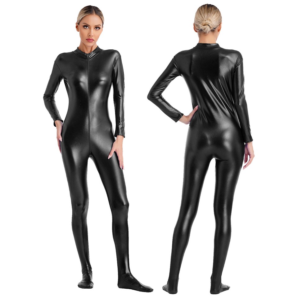 Women's Catsuit Mock Neck Rompers Shiny Bodysuit Clubwear Leotard Front ...