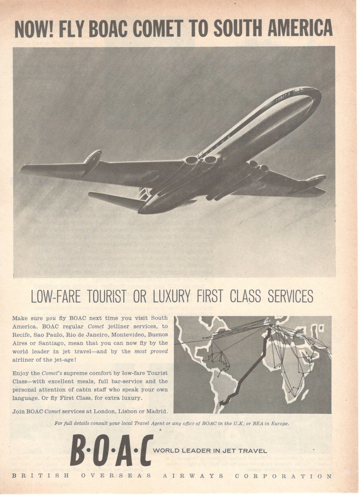 BOAC British Overseas Airways Pubblicità 1 pagina 1958 now fly to south ...