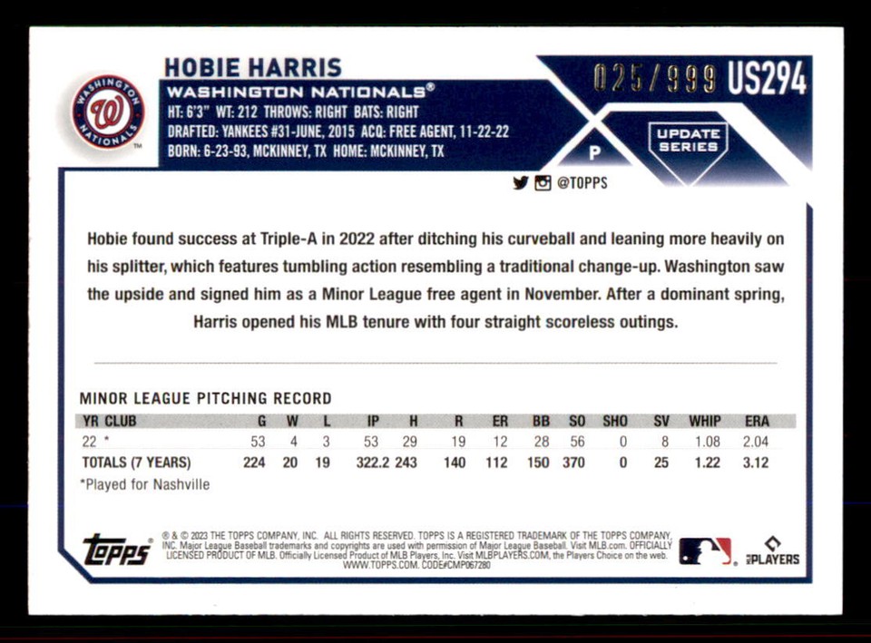 2023 Topps Update Blue Sparkle #US294 Hobie Harris Nationals 025/999 RC ...