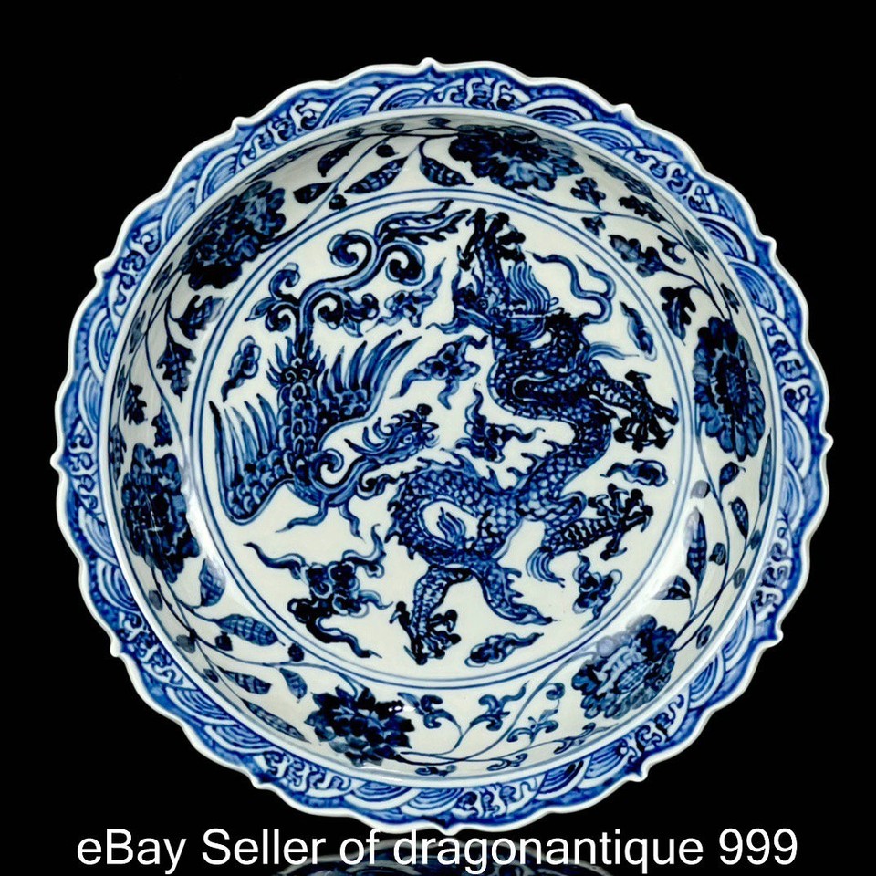 8.8" Ming Xuande Marked Blue White Porcelain Dragon Pahoenix Plate Dish ...
