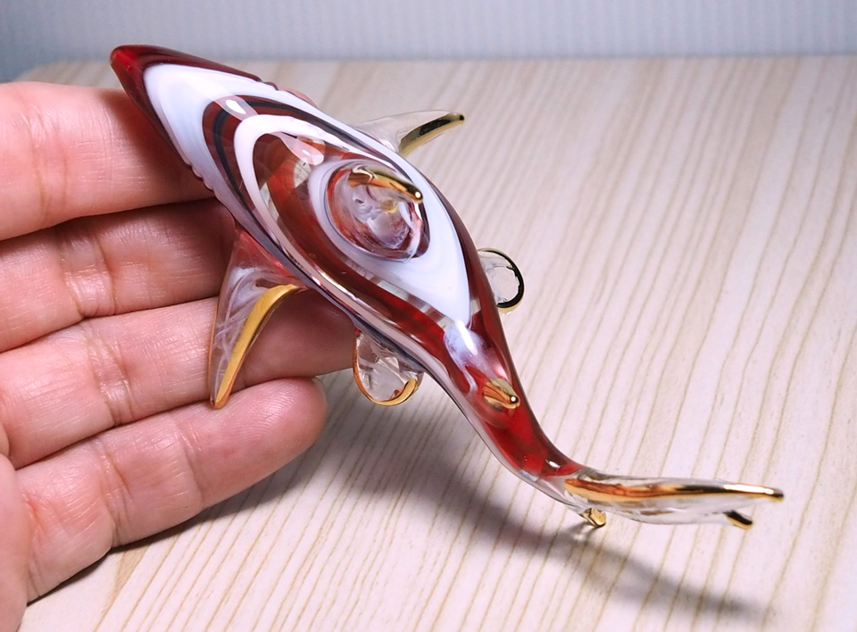 Maroon Blue Shark figurine handmade blown glass art gold trim 4.25 ...