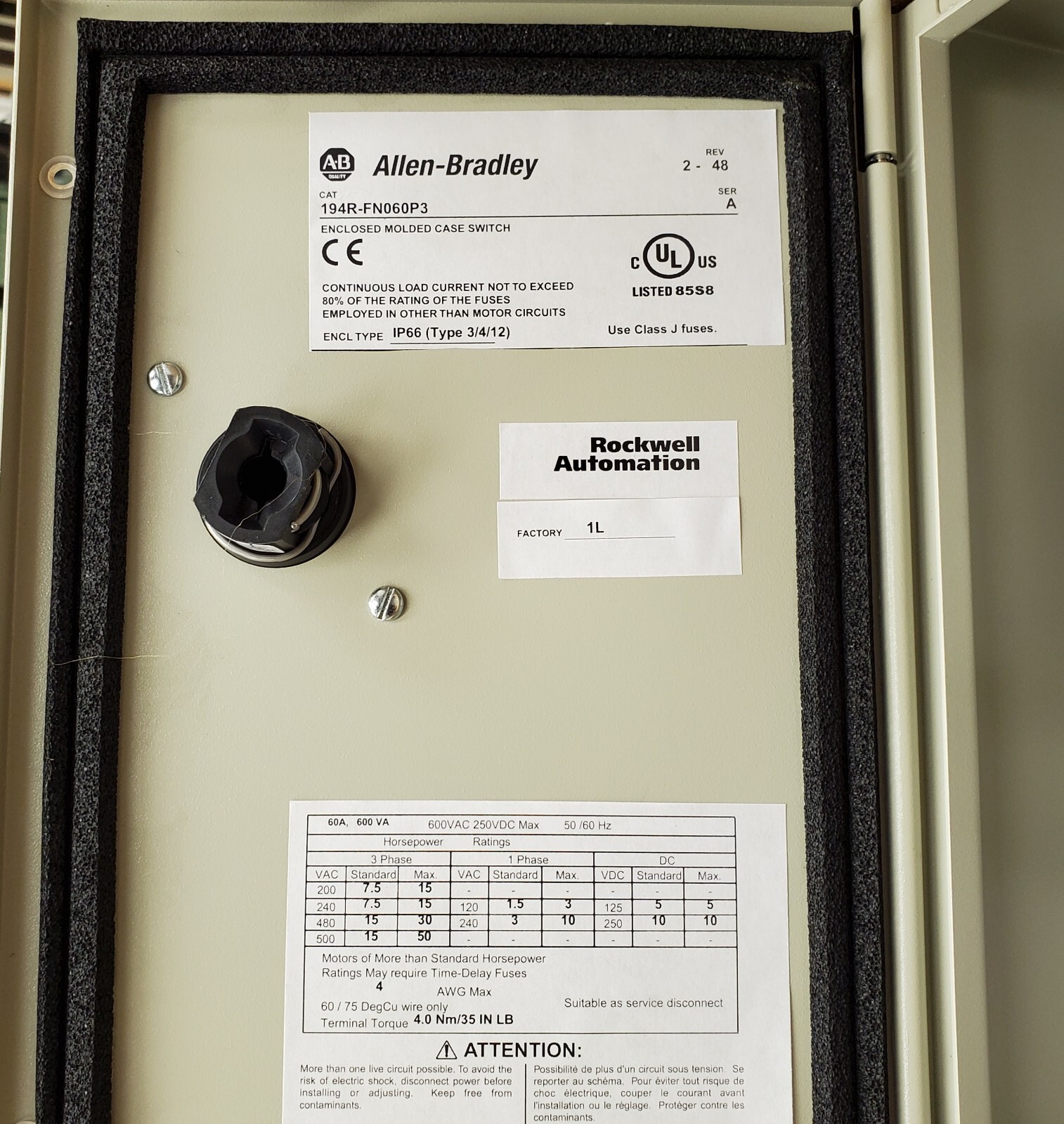 Allen-Bradley 194R-FJ060P3 60 Amp Fused Disconnect & Enclosure 194R-HS4 ...