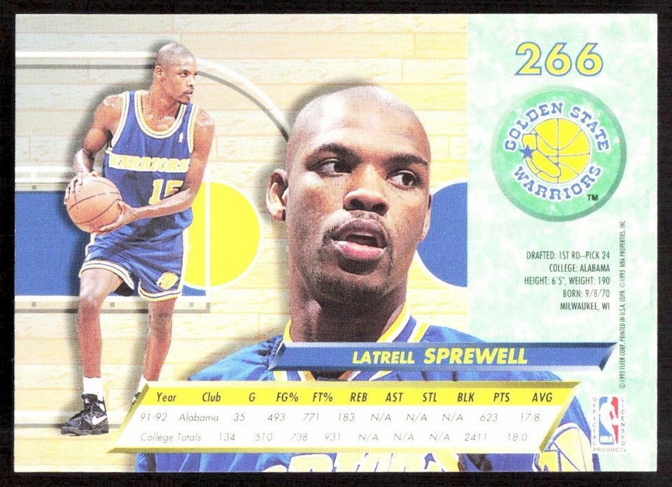 1992-93 3894A FLEER Ultra Latrell Sprewell Rookie Golden State Warriors ...