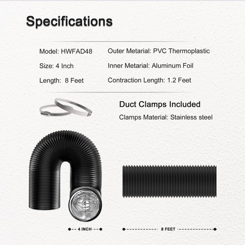 Dryer Vent Hose Flexible 4 Inch 8 Feet PVC Aluminum Foil Ducting ...