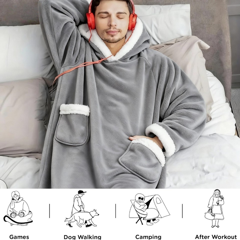 Extra-Long Fleece Oversized Wearable Hoodie Blanket Winter Big Hooded ...