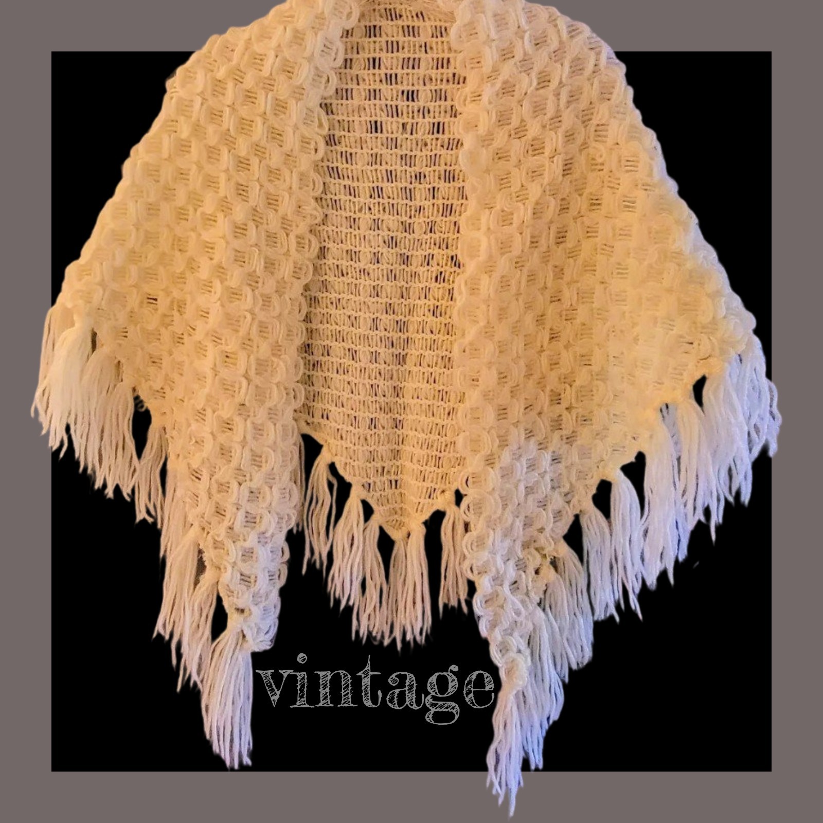 Vintage CROCHETED SHAWL w/Fringe BOHO Coquette COTTAGECORE Gypsy STEVIE ...