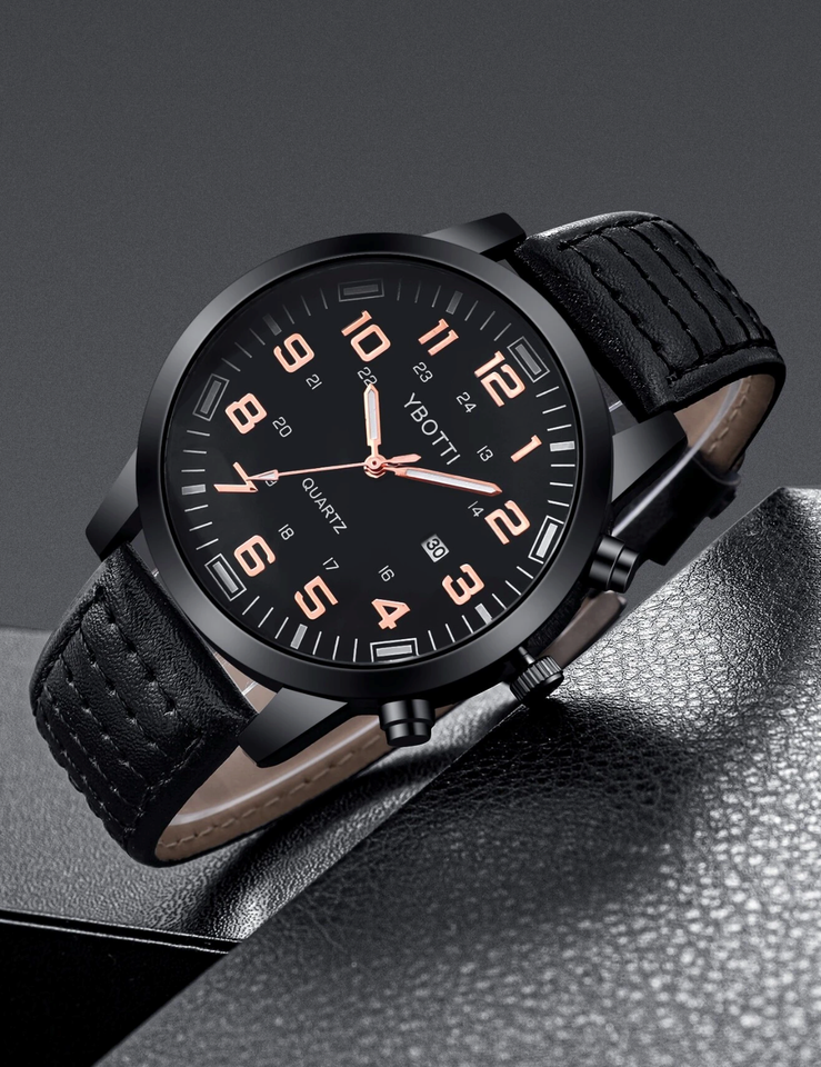 New Men Watch New Black Leather Band Quartz Anolog Stainless Casual ...