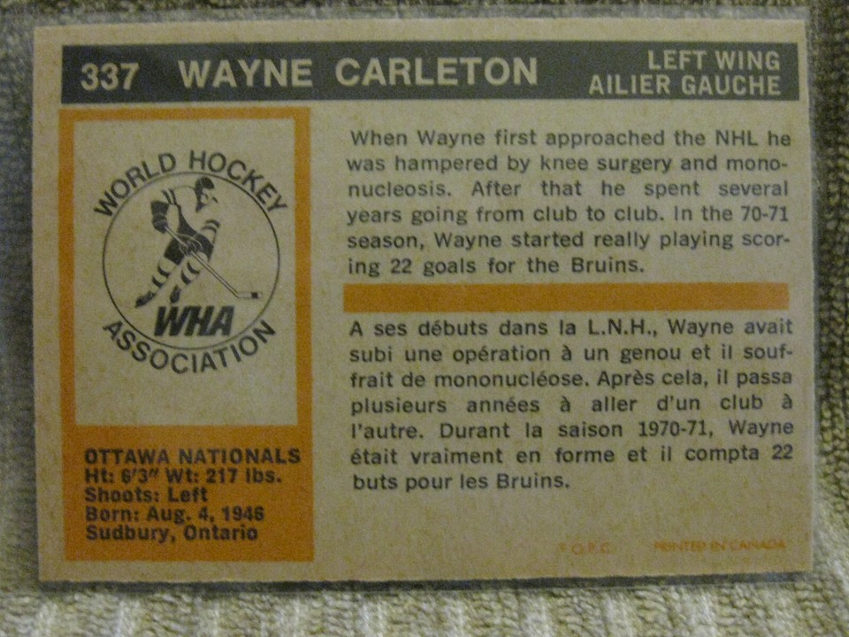 1972-73 O-PEE-CHEE WHA HOCKEY CARD #337 Wayne Carleton Ottawa Nationals ...