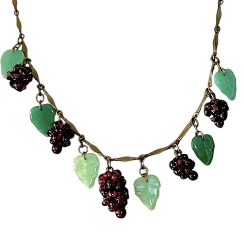 Art Glass Grapes Necklace Purple Brass Chain Leaf Vineyard Wine Vtg ...