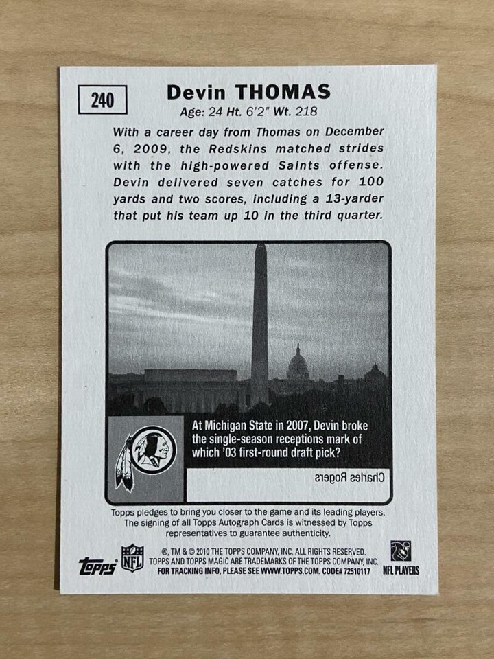 DEVIN THOMAS WASHINGTON REDSKINS SIGNED AUTOGRAPHED 2010 TOPPS MAGIC ...