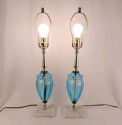 VTG 19" Pair of 2 Mid Century Modern Blue Glass Table Lamps Marble Base ...