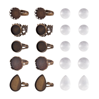 40pcs Adjustable Bezel Ring Blanks Tray with Glass Cabochons Flat Round ...